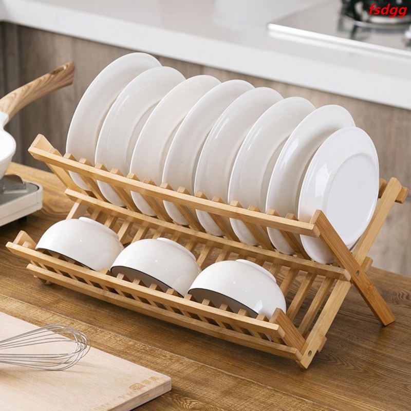 Basics Foldable Bamboo Dish Drying Rack 2-Tier Mug Dryer with Utensil ...