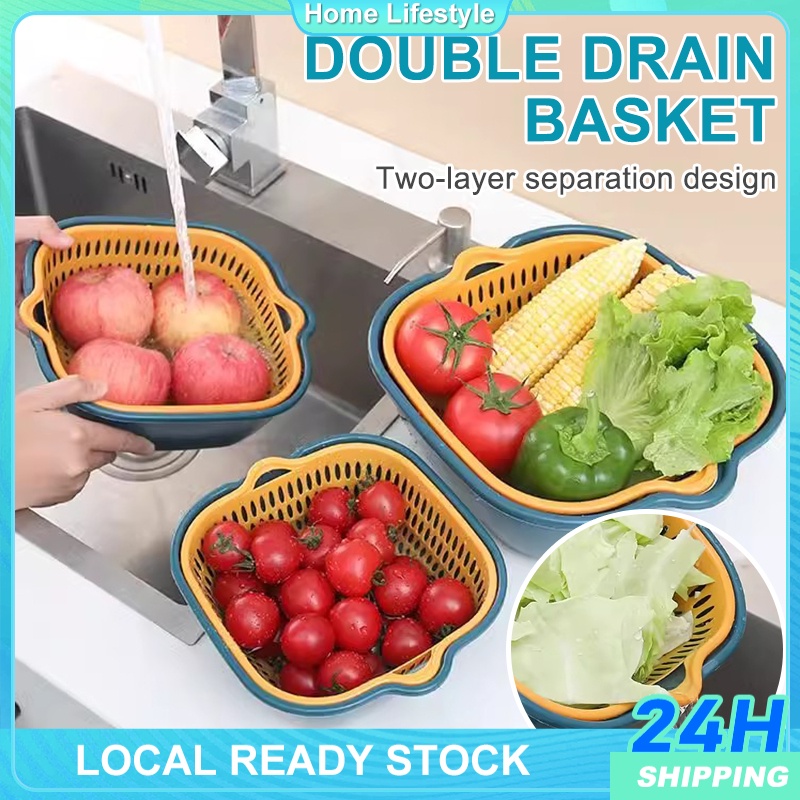 Double-layer Drain Basket Plastic Vegetable Washing Basket Wash Basin ...