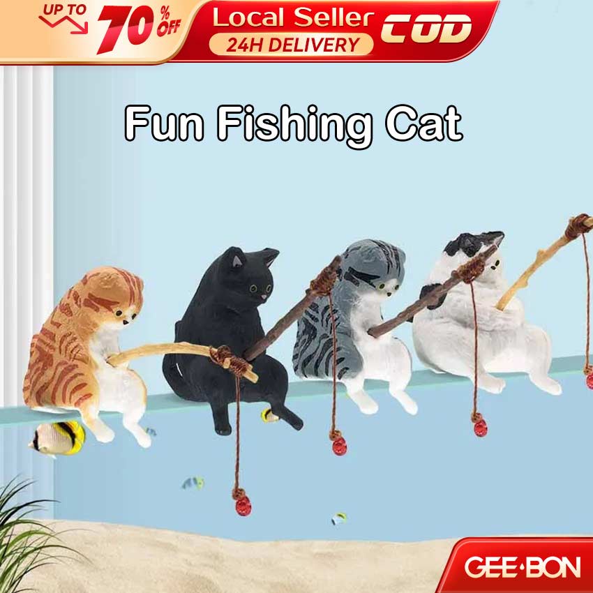 GEEBON Cats Fishing Figurine Cat Sitting Fishing Resin Ornament ...