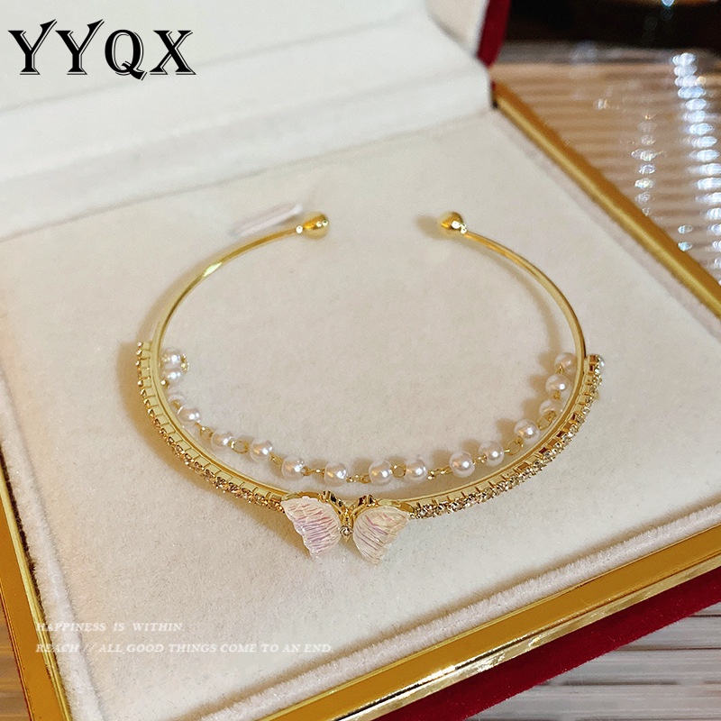 Double Butterfly Pearl Bracelet for Woman Elegant Gold Zircon Bracelets ...
