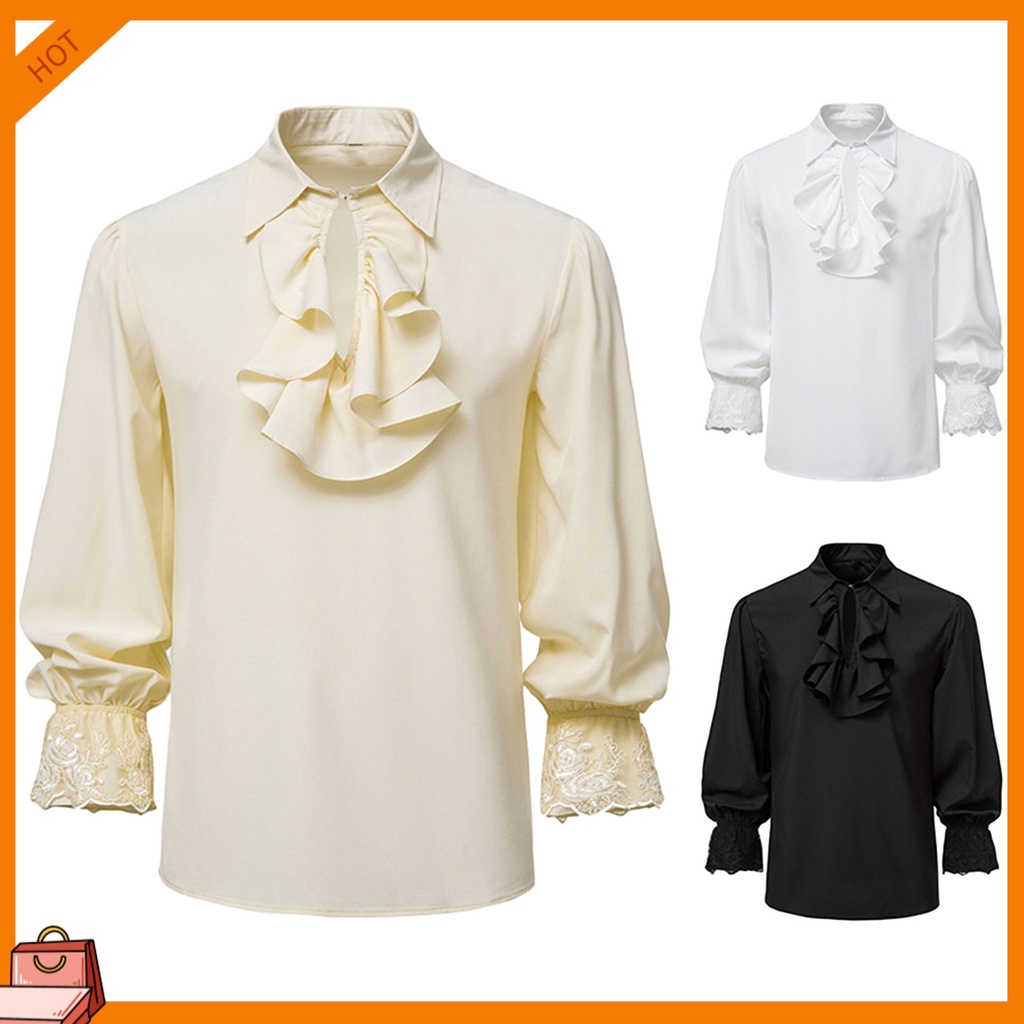 [WSG] Men Shirt Stand Collar Lapel Ruffle Lace Long Sleeve Pullover Steampunk Retro Medieval ...