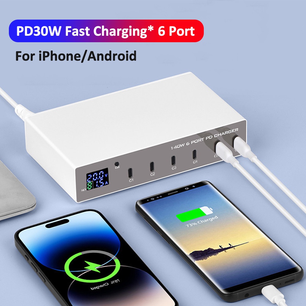 140W 6 Ports PD Fast Charger 30W Multi USB-C Fast Charging Station With ...