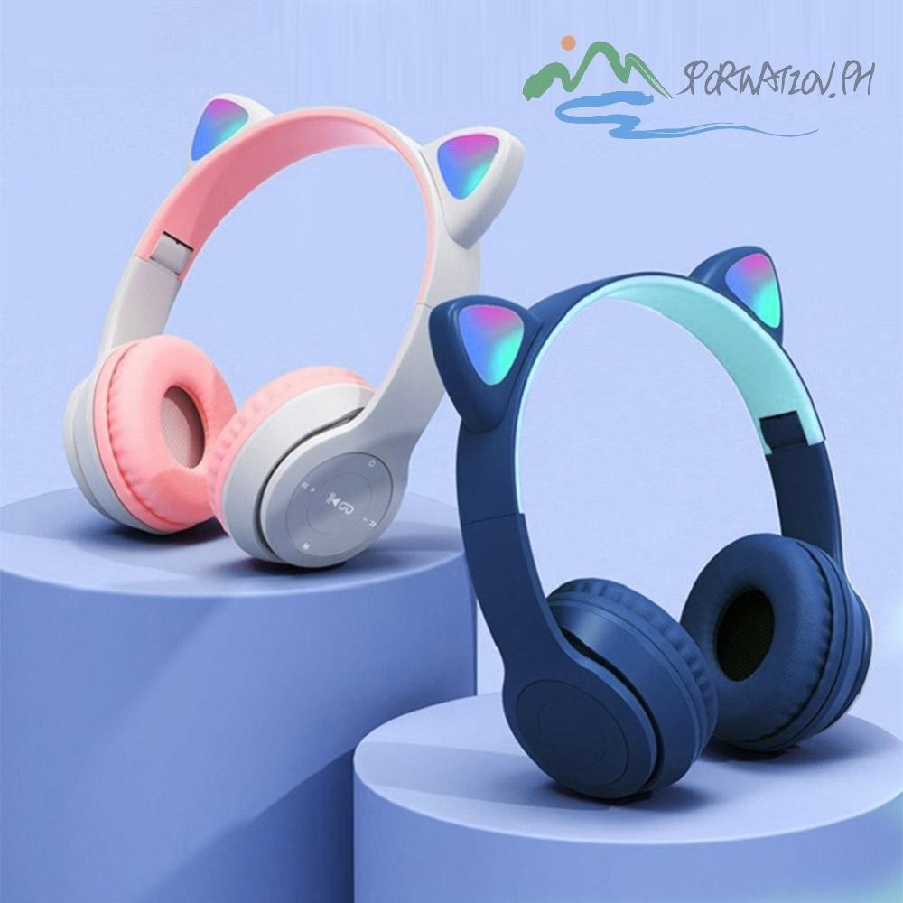 Cute Cat Ear Headphones with RGB LED Light Wireless Headset Stereo Bass ...