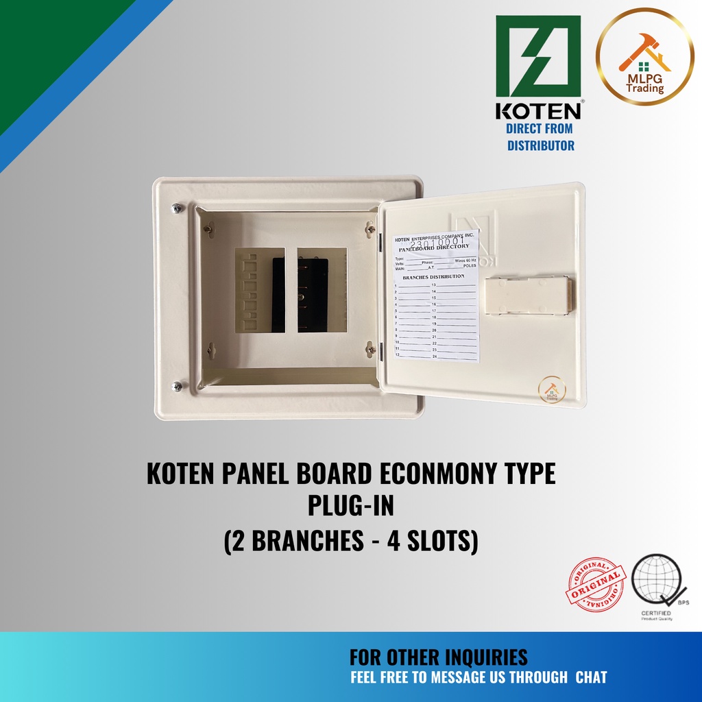 KOTEN Panel Board ECONOMY TYPE for PLUG-IN (2 Pole) (2, 4, 6, 8, 10, 12, 14, 16 Branches ...