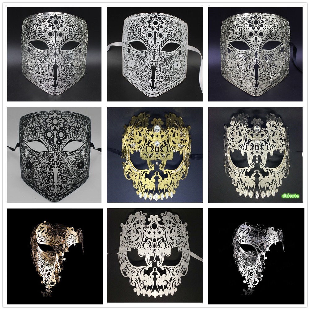 Black Gold Skull Metal Mask Halloween Rhinestone Half Face Venetian ...