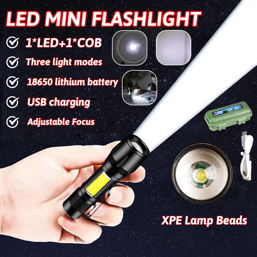 YIMI BABY USB Rechargeable Zoom Torch Mini Dual Lights LED COB ...
