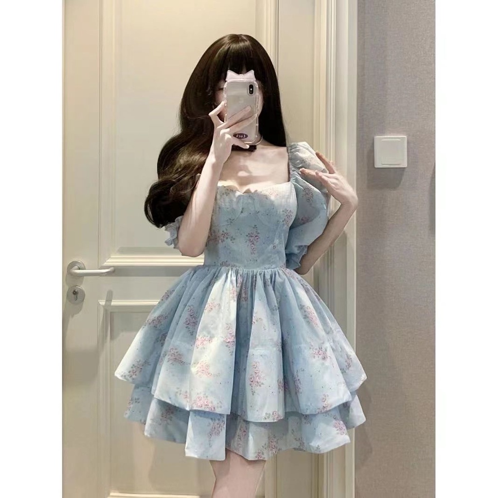 French Blue Bubble Sleeve Dress Women's Summer New Princess Vintage ...