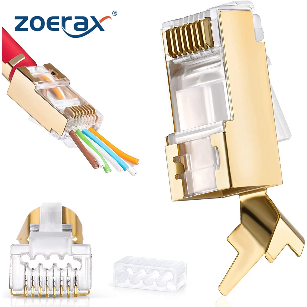 ZoeRax RJ45 Shielded Cat7 Pass Through connectors - 3 Prong 8P8C 50U ...
