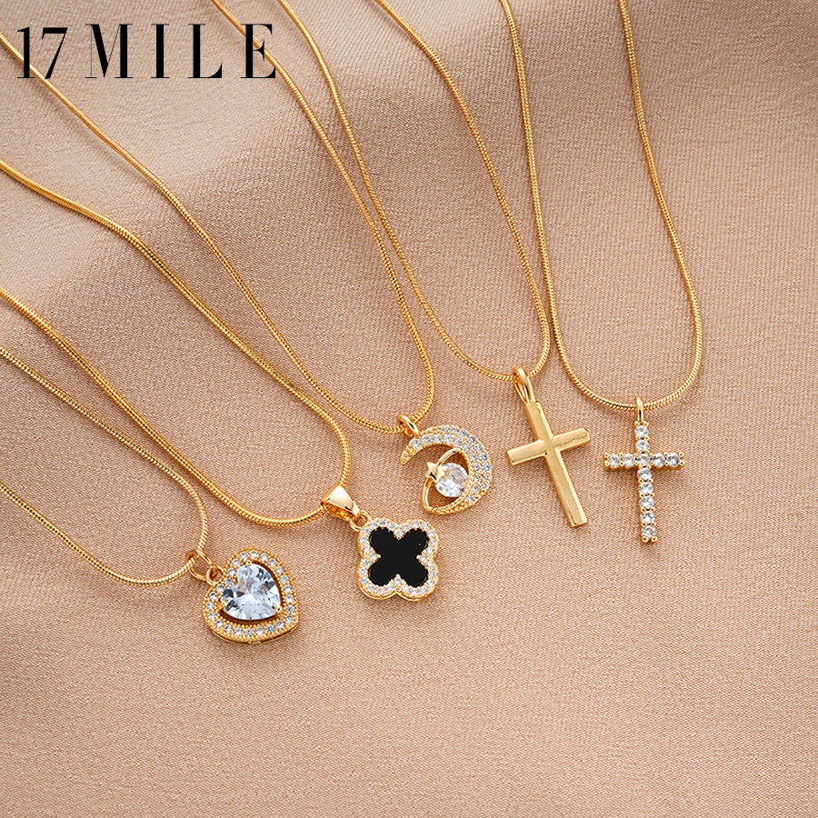 Fashion Clover Heart Cross Pendant Necklace 18K Gold Chain Crystal ...