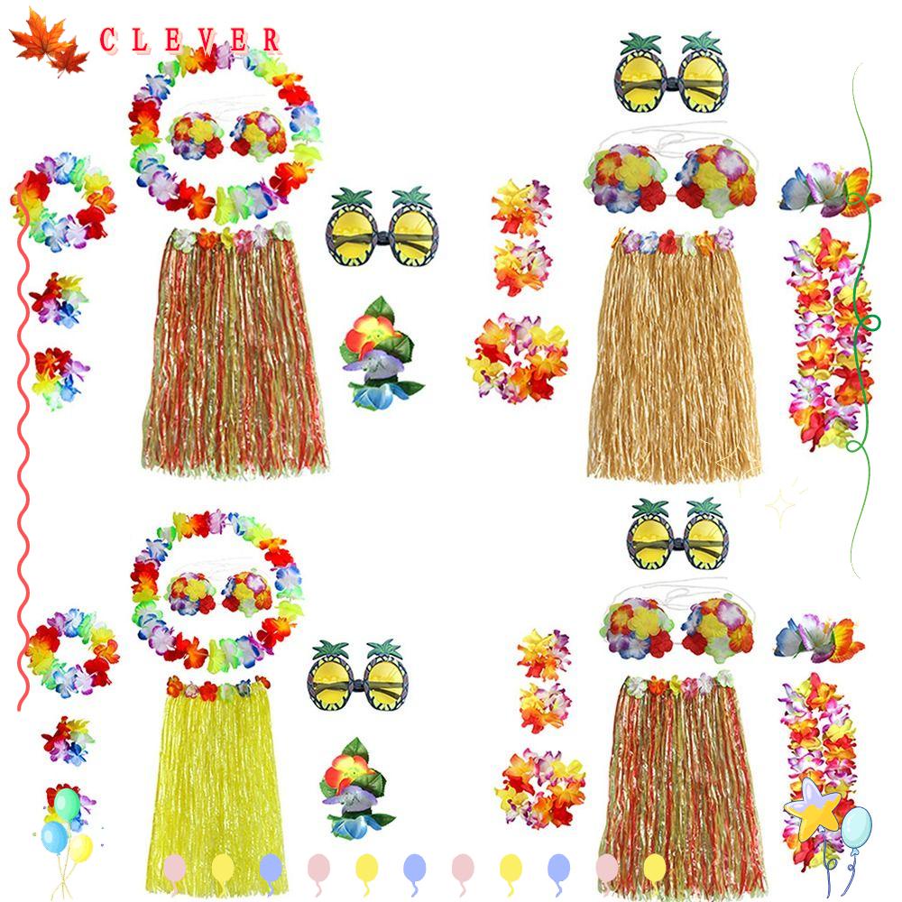 CLEVER 8pcs/set Hawaiian Hula Skirt Set Party Accessories Hawaii Party ...