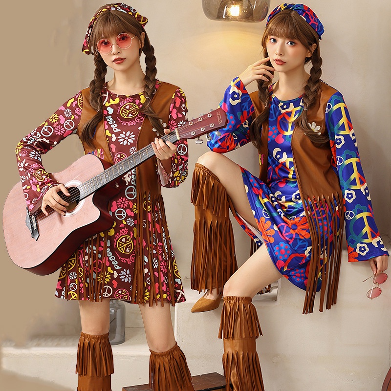 70s 60s Hippie Costume Set 70s Outfits Accessories for Halloween Women Disco Dress for Girls ...