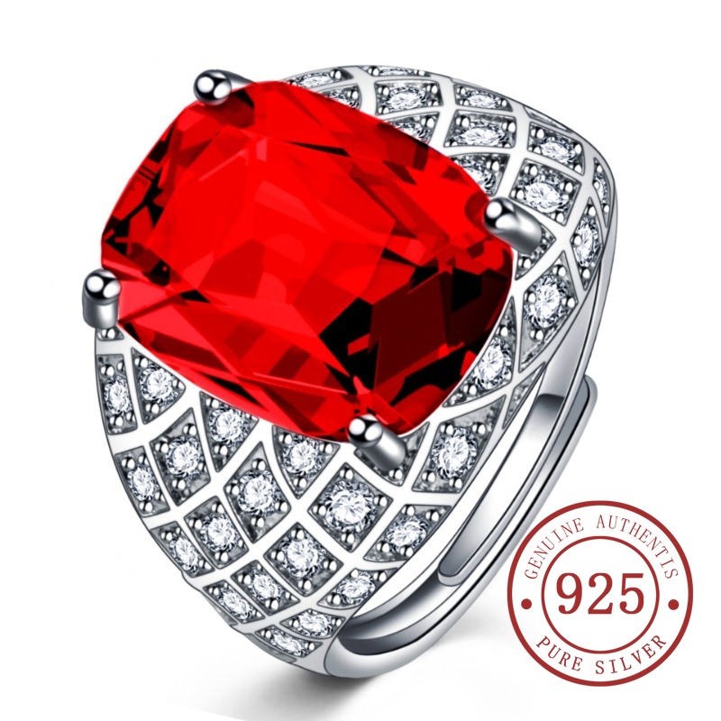 S925 Silver Hot Sale Pigeon Blood Red Square Diamond Open Ring Full ...
