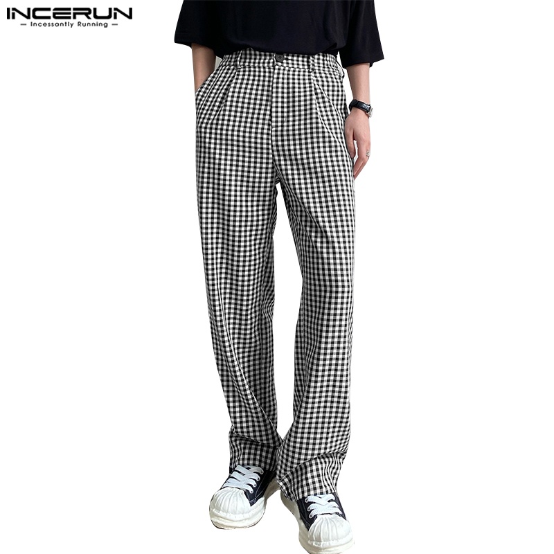 INCERUN Men's Casual Plaid Pants Straight Leg Pants | Shopee Philippines