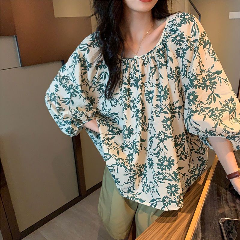 Vintage oversize floral blouse 3/4 sleeve shirt ins pop blouse | Shopee ...