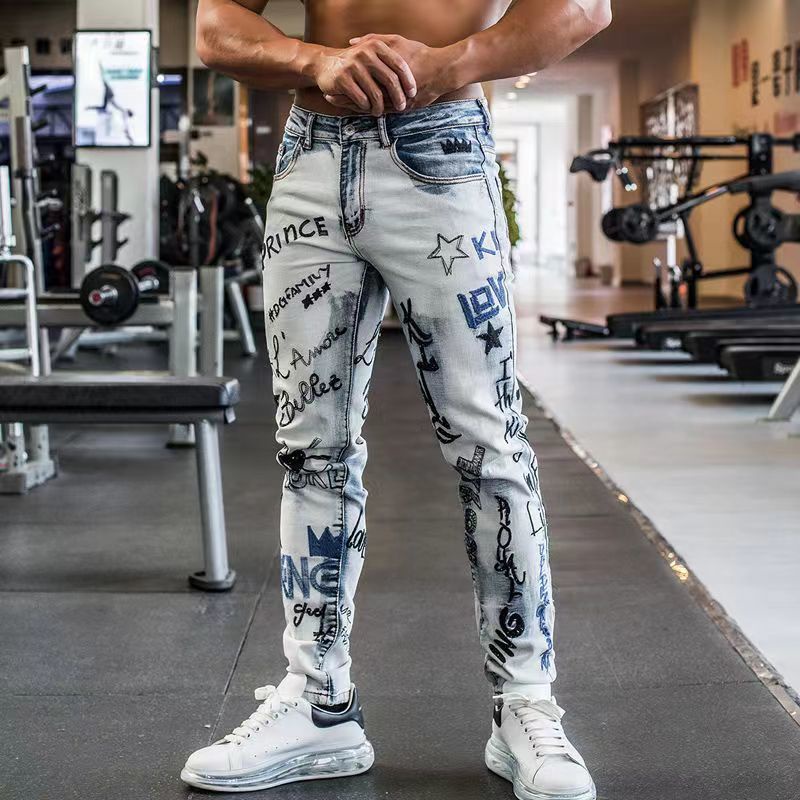 Unique High-End Printed Light-Colored Jeans Men's Slim-Fit Skinny ...