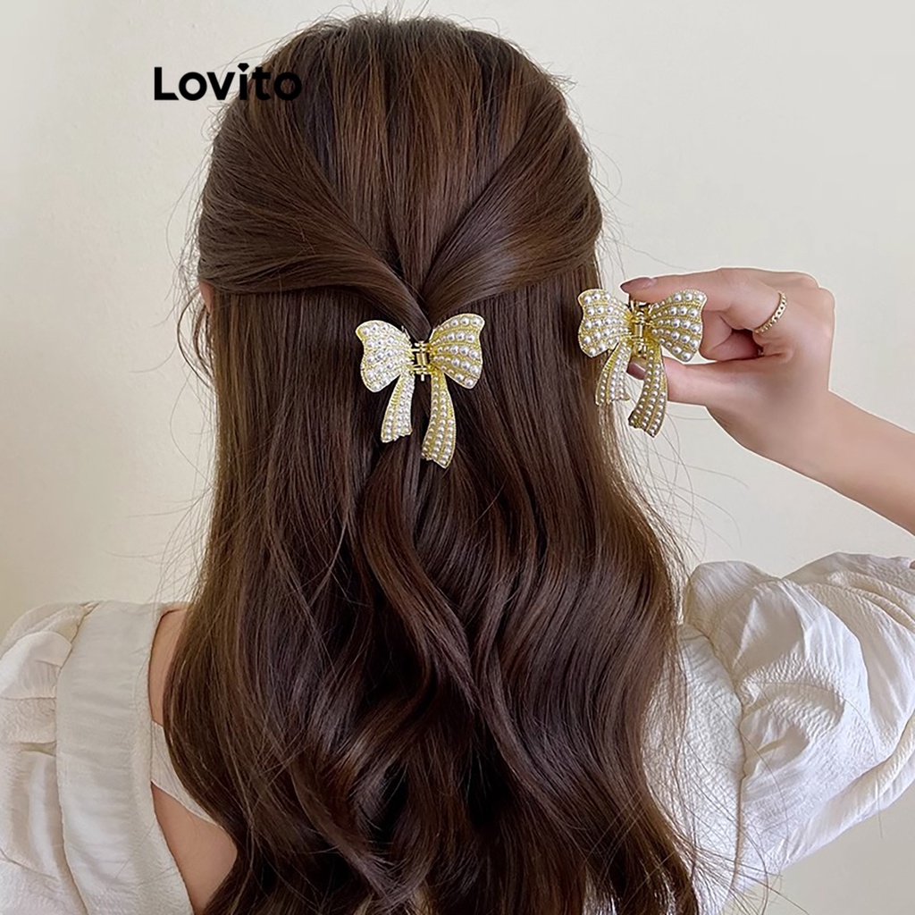 Lovito Women Elegant Plain Bow Pearls Hair Clips LFA04140 | Shopee ...