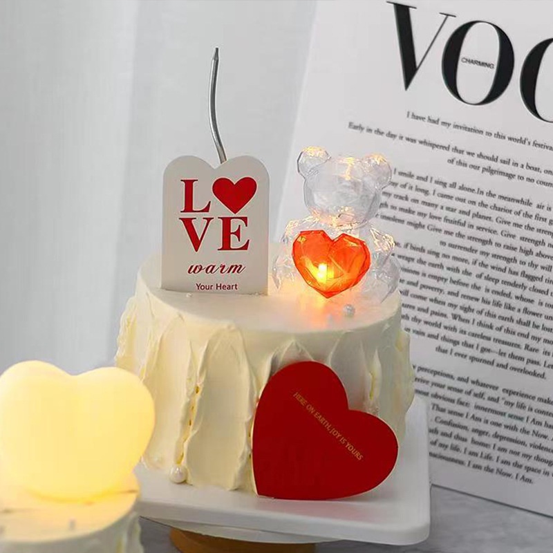 Cartoon Glowing Heart Teddy Bear Doll LED Cake Toppers Colorful Bear ...