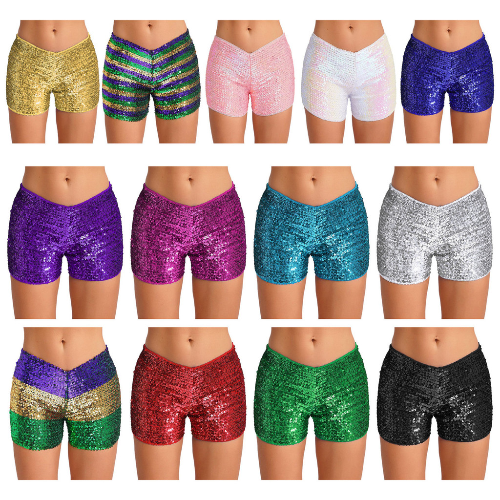 Women Fashion Shiny Sequins Shorts Low Rise Stretchy Hot Pants Rave ...