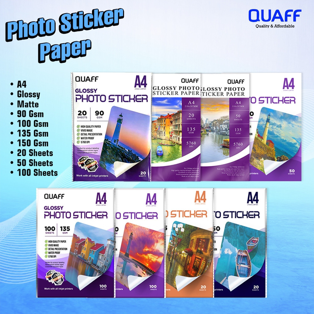 Quaff Glossy Photo Sticker Paper | A4 Size | 90 GSM | 135 GSM | 150 GSM ...