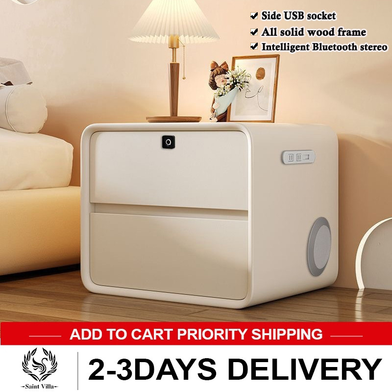 Smart bedside table Cream wind fingerprint lock multi-function usb plug ...