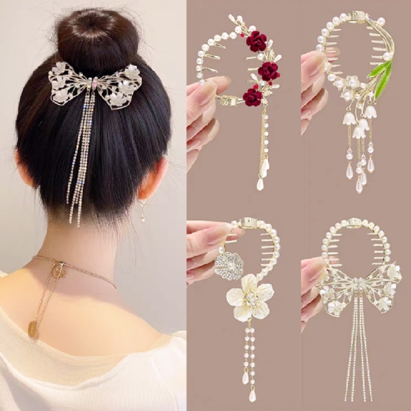 Pearl Flower Tassel Hair Bun Buckle Hairpin Back Brain Spoon Ball Head ...