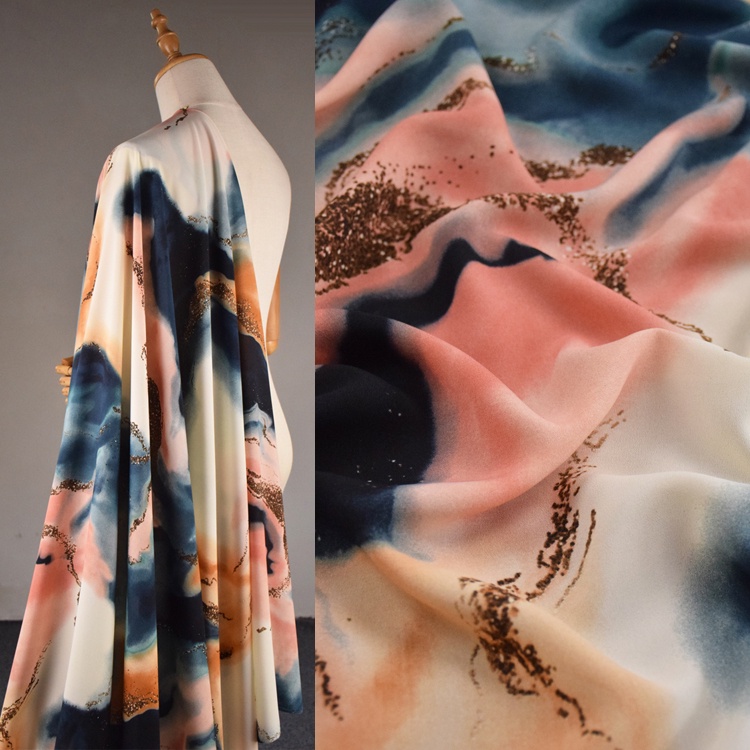 Elegant Navy Blue Pink Smudged Printing High-End Stretch Double Crepe ...