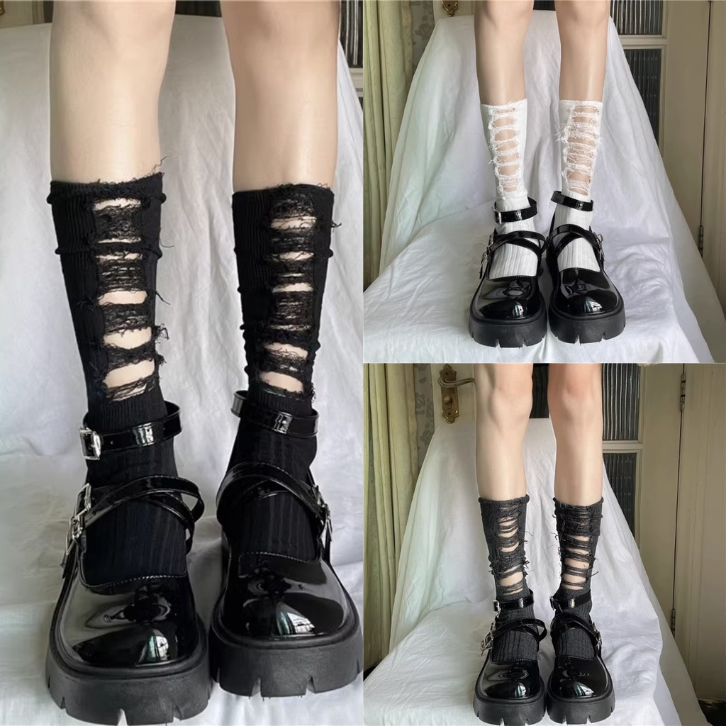 Gothic Ripped Mid Tube Socks Hand Cut Pile Pile Socks Knitted Socks Y2k ...