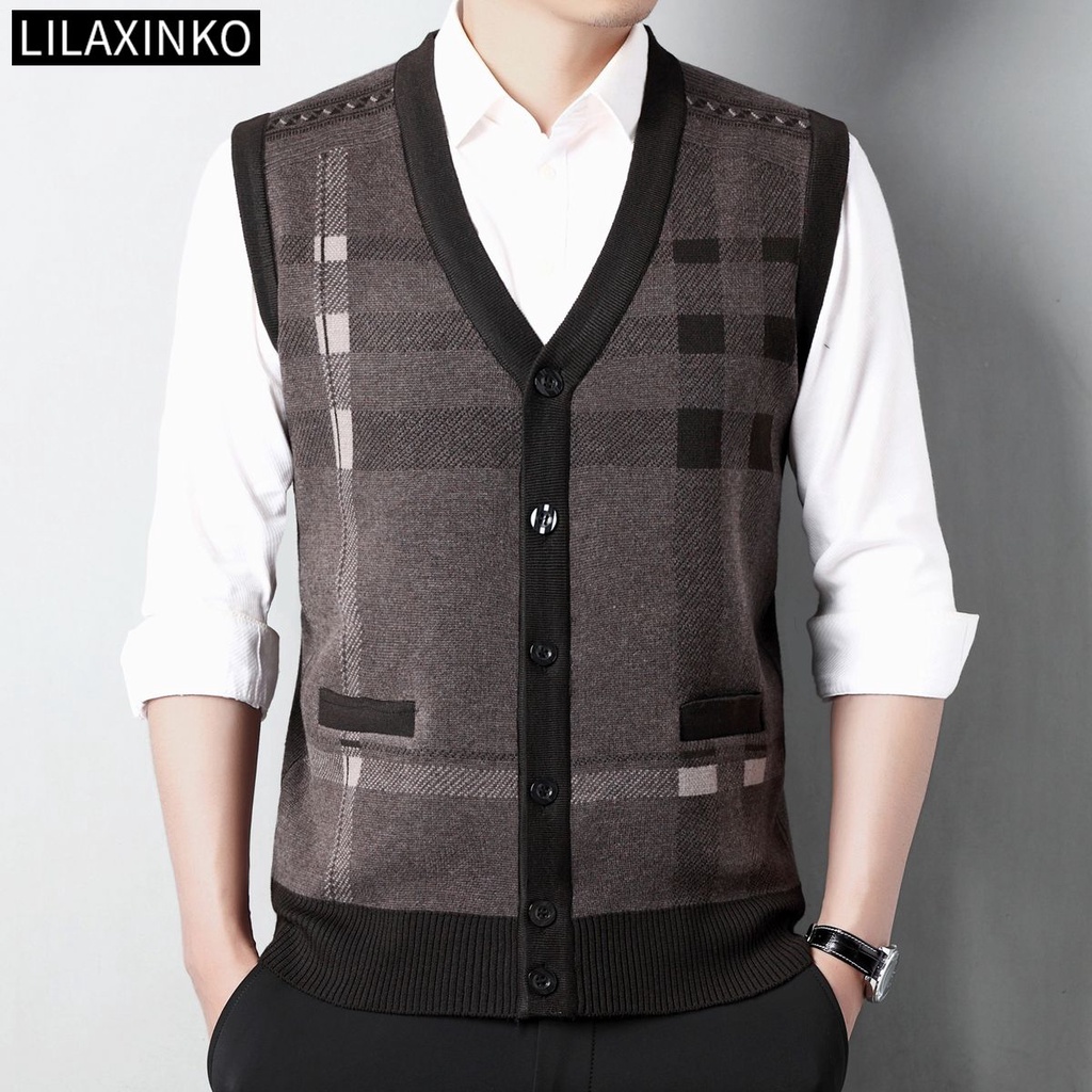 4 Color Men Vest Sleeveless Sweater Cardigan Knit V Neck Striped Stripe ...