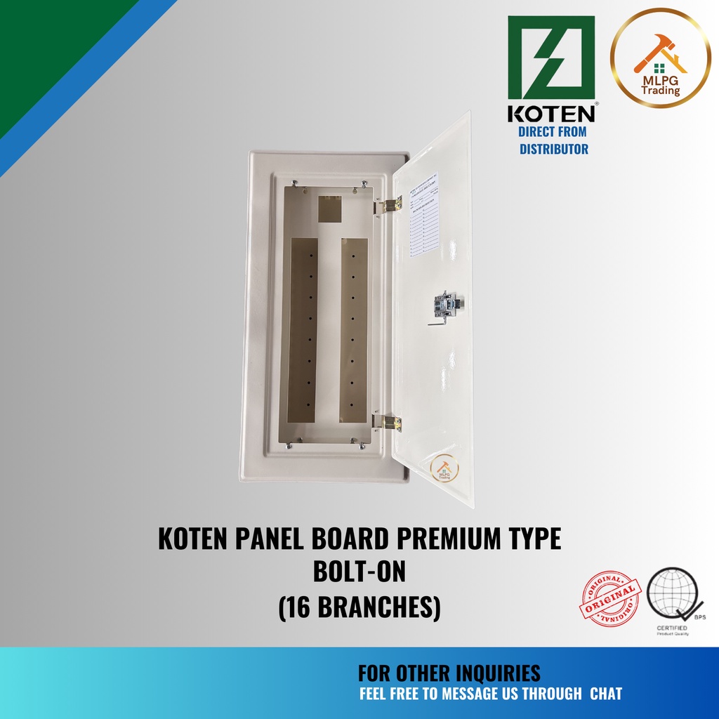 KOTEN Panel Board PREMIUM TYPE for BOLT-ON (2 Pole) (4, 6, 8, 10, 12, 14, 16, 18 Branches ...