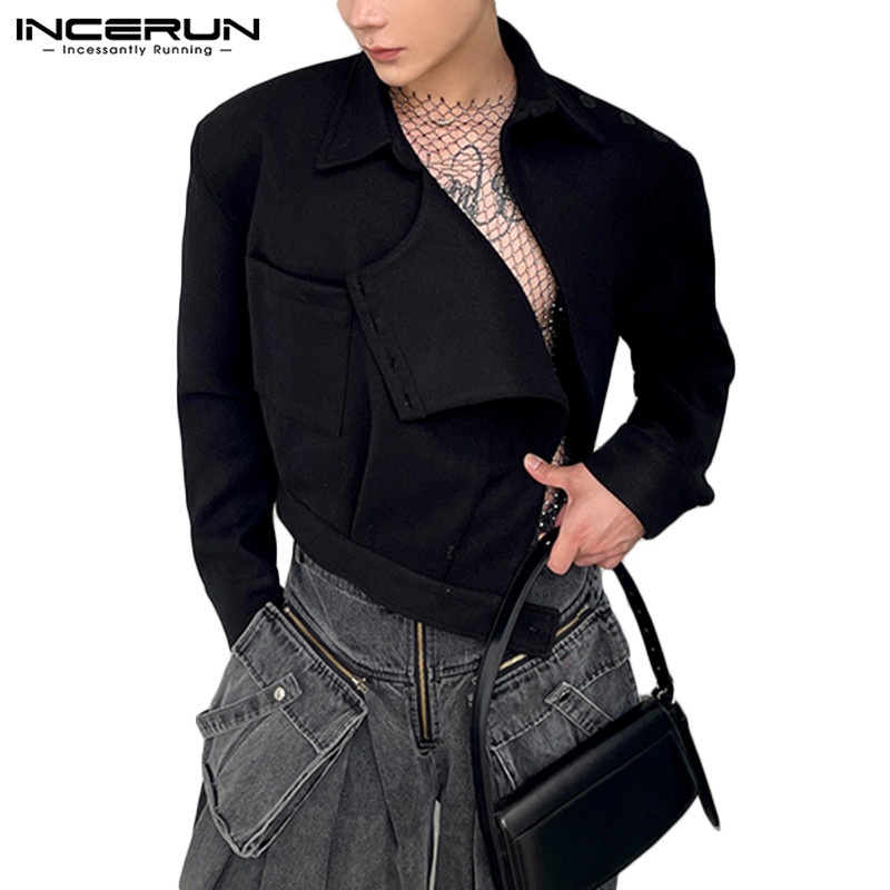 INCERUN Men Korean High Neck Long Sleeves Solid Color Short Jackets ...