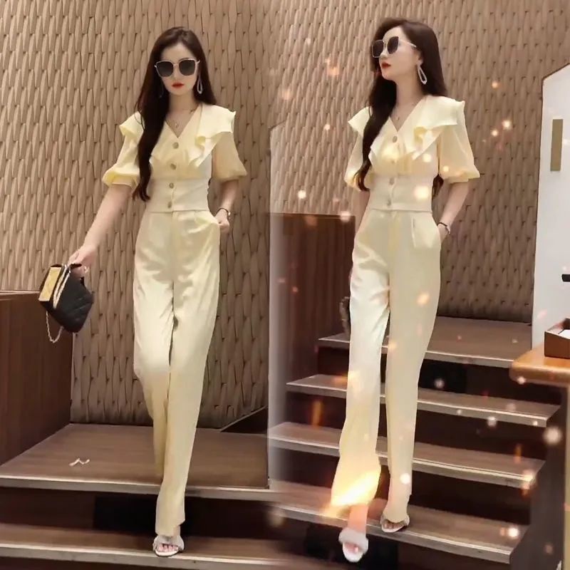 Modern Filipiniana Top and Pants Early Autumn New Ruffled V-neck Slimming Top Wide Leg Pants 2 ...