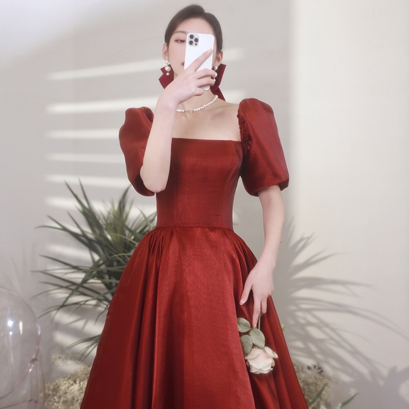 Wine Red Satin Wedding Toast Dress French Puff Sleeve Square Neck ...