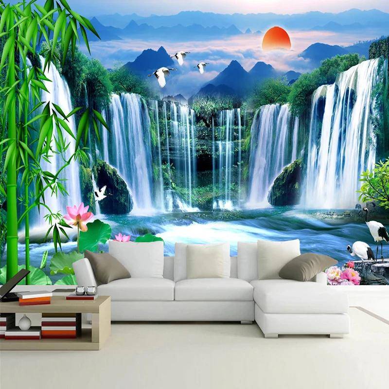 Custom 3d Wallpaper Waterfall Bamboo Lotus Nature Landscape Mural ...