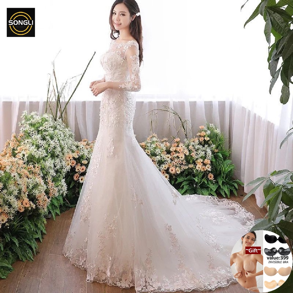 Fishtail Long sleeved Main Wedding Gown New Slim Fit Bride Tail Forest ...