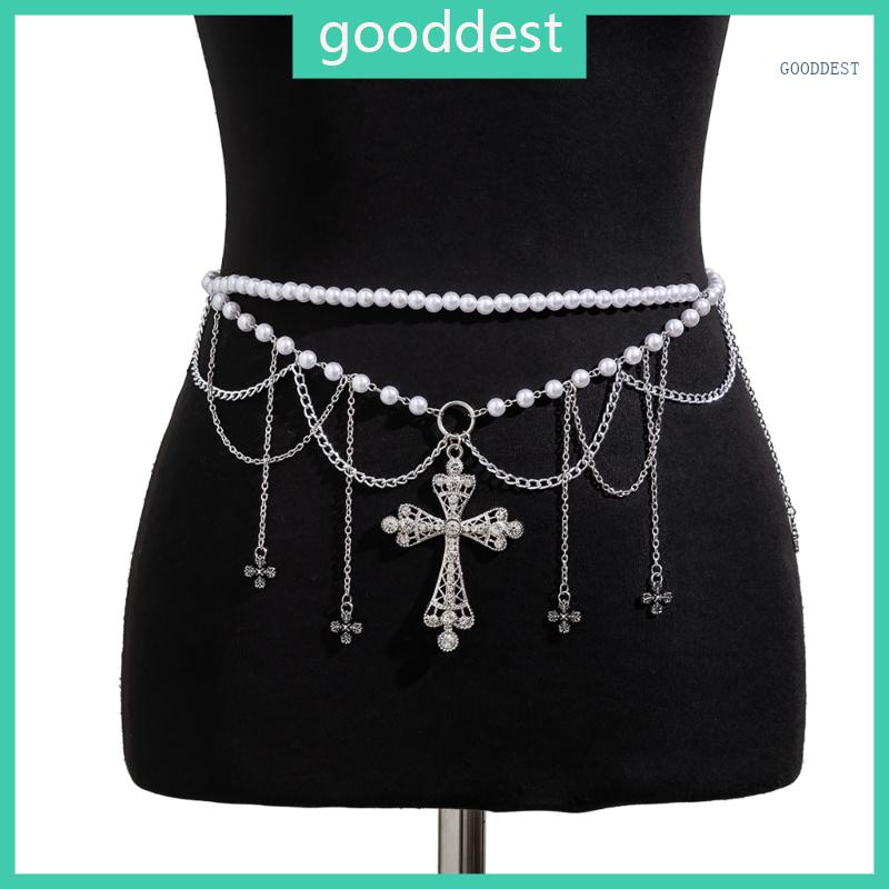 GOO Artificial Pearl Cross Waist Chain Female Skirt Chain Belt Y2K Cool ...