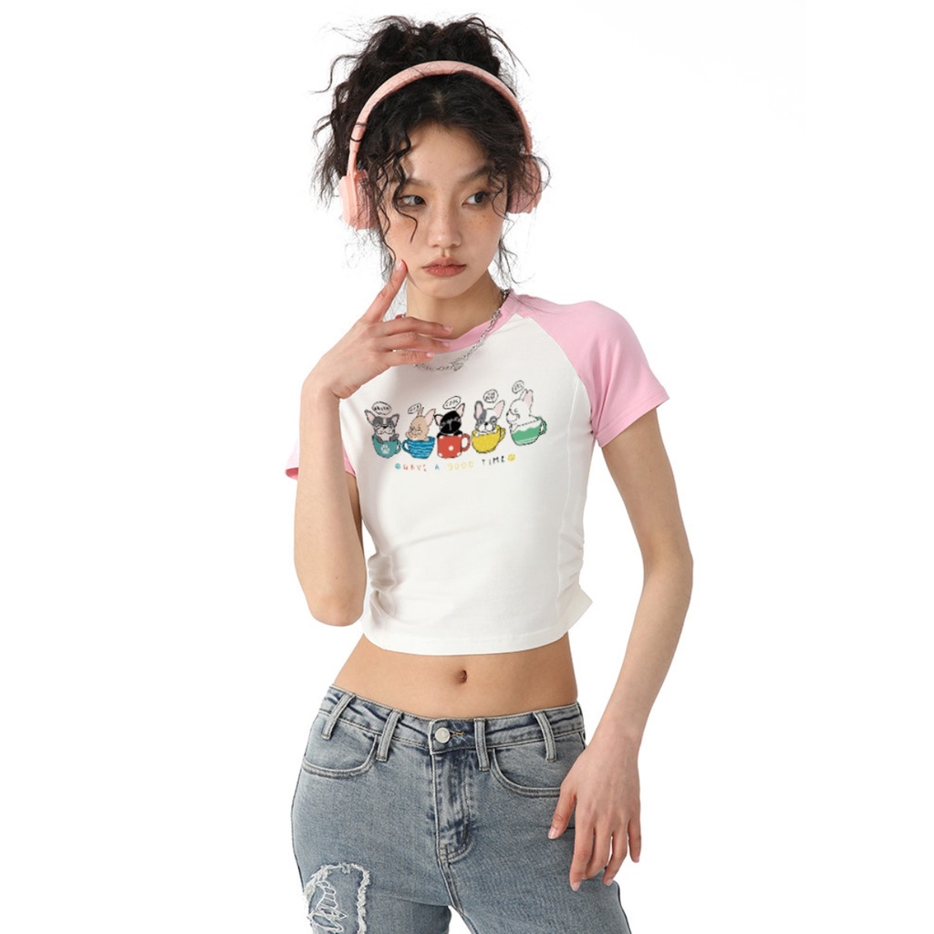 PINKSTORE29 Raglan Sleeve Crop Top with Cute Chibi Icon Print A5964 ...