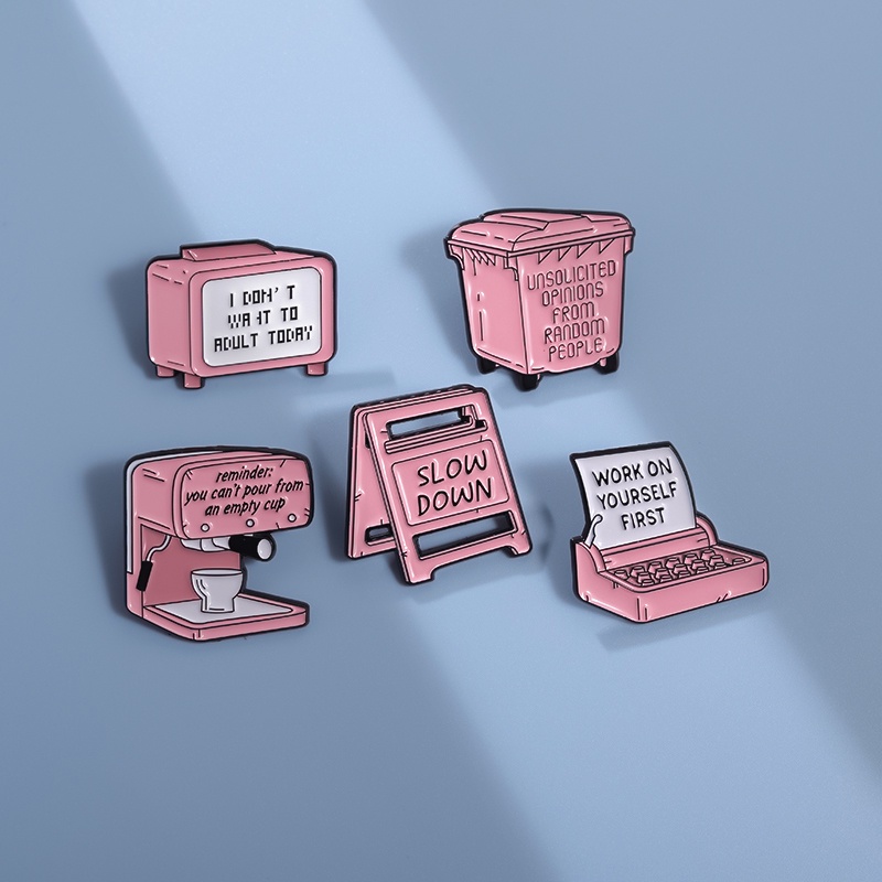 Pink Printer Coffee Maker Enamel Pins Brooches Cartoon Warning Sign Box ...