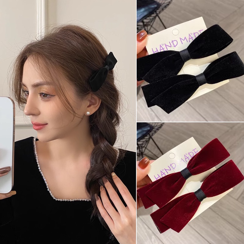 French Vintage Velvet Bow Hair Clip Women's Side Platypus Clip Fashion ...