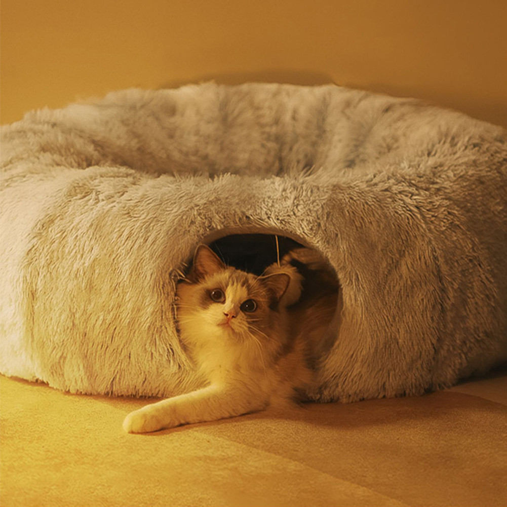 Winter Warm Cat Cave Round Foldable Cat House Long Plush Cat Tunnel Bed ...