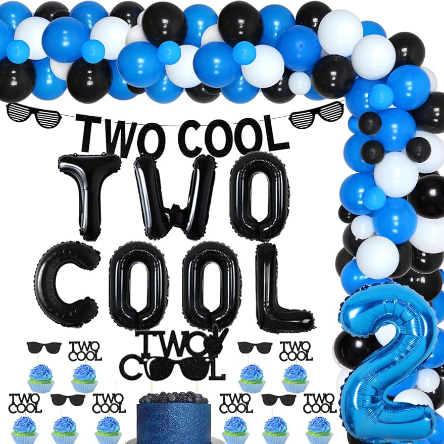 JOYMEMO Two Cool Birthday Party Decorations Blue Black Two Cool Balloon ...