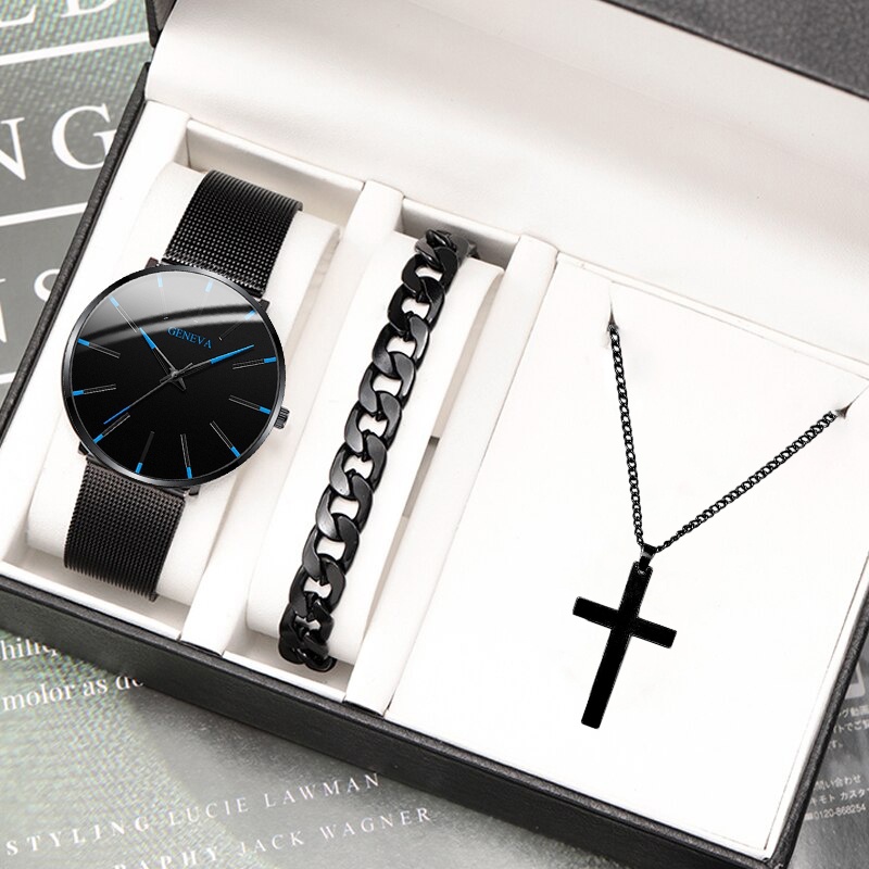 3PCS Men's Watch Set New Men's Hip Hop Style Fashion Set Watch Bracelet ...