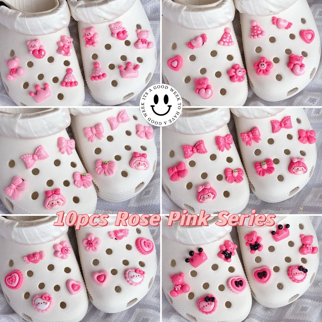 【Rose Pink Series】10pcs Cute Crocs Charms Accessorie Jibbitz Set Crocs ...