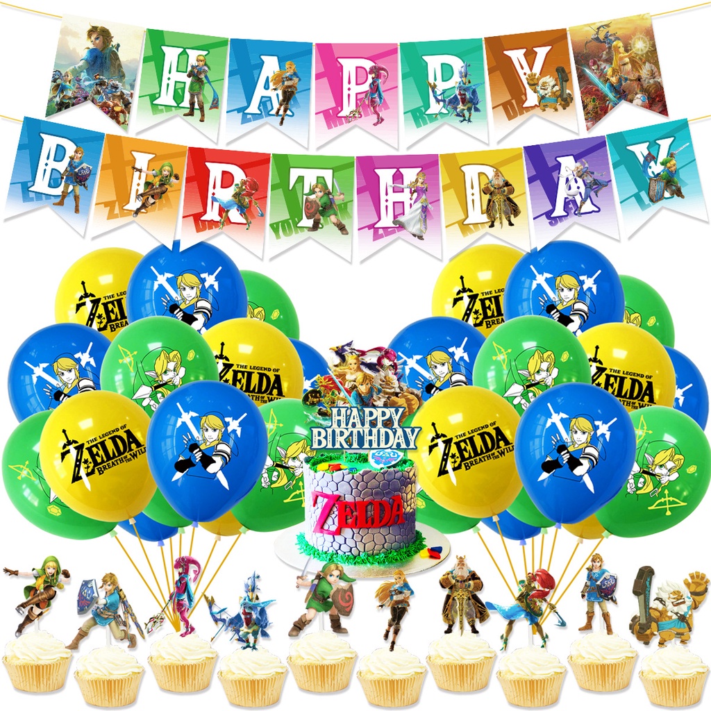 The Legend of Zelda Game themed balloons flag pulling cake card ...