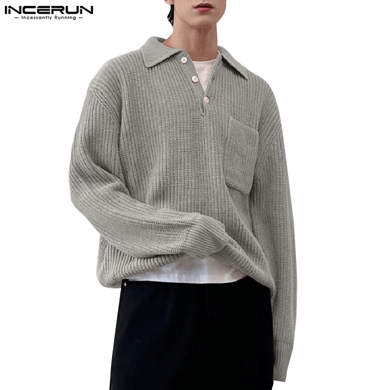 INCERUN Men Korean Pit Stripe Solid Color Zipper Lapel Pullover ...
