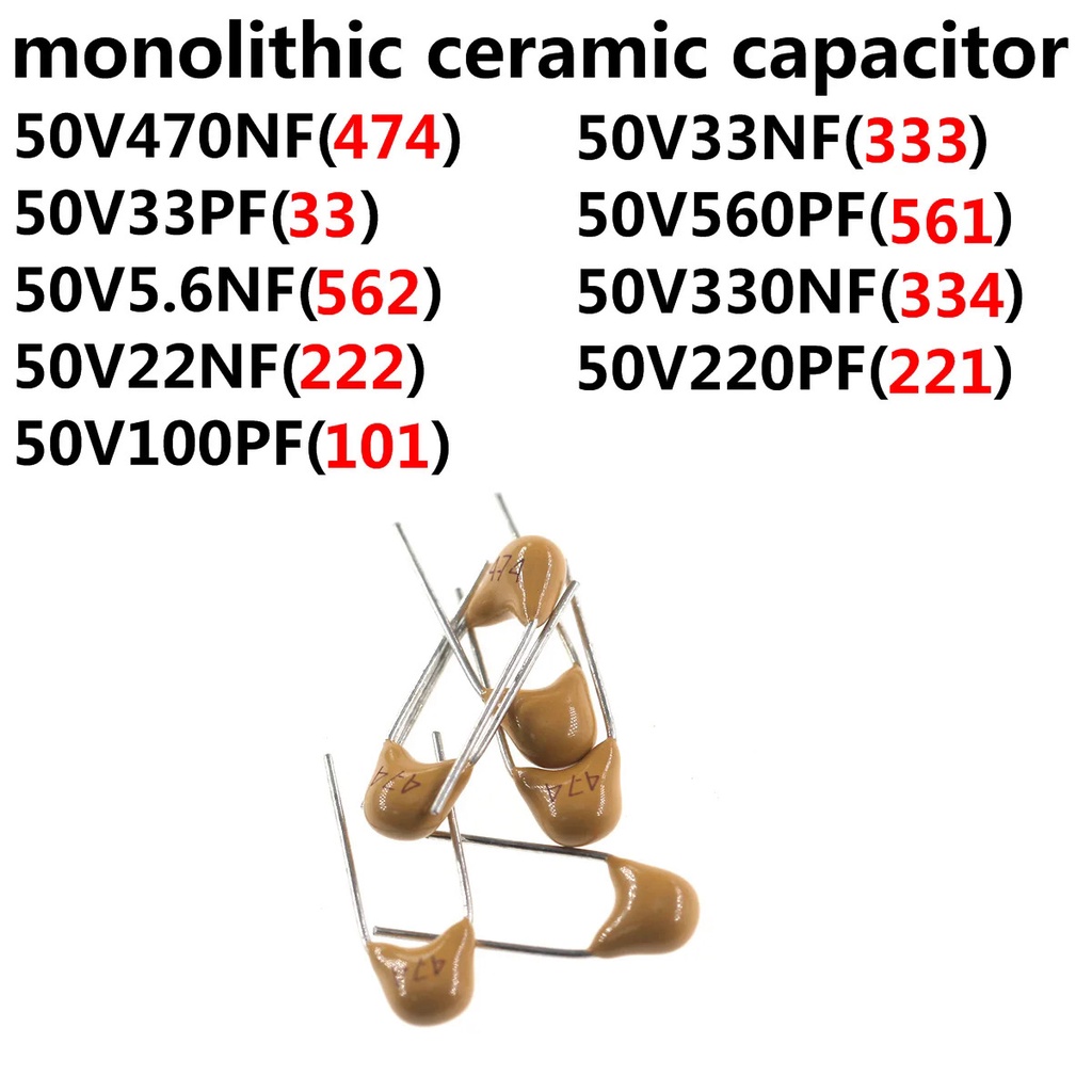 200Pcs monolithic ceramic capacitor 50V 470NF 474 33PF 33 5.6NF 562 ...