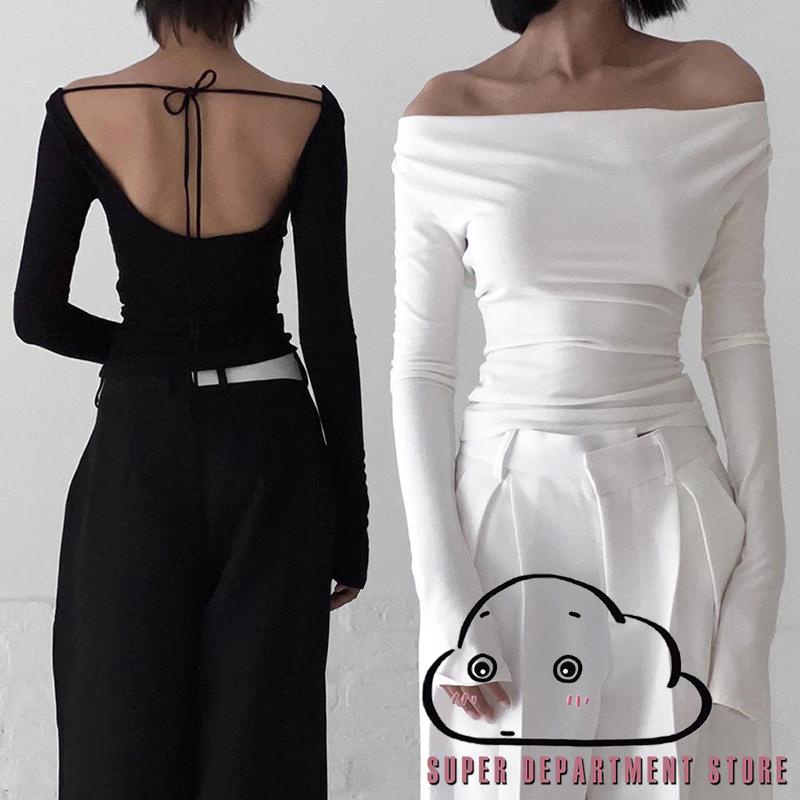 SUPER-Women Long Sleeve Off-shoulder Tops Backless Tie-up Slim T-shirt ...