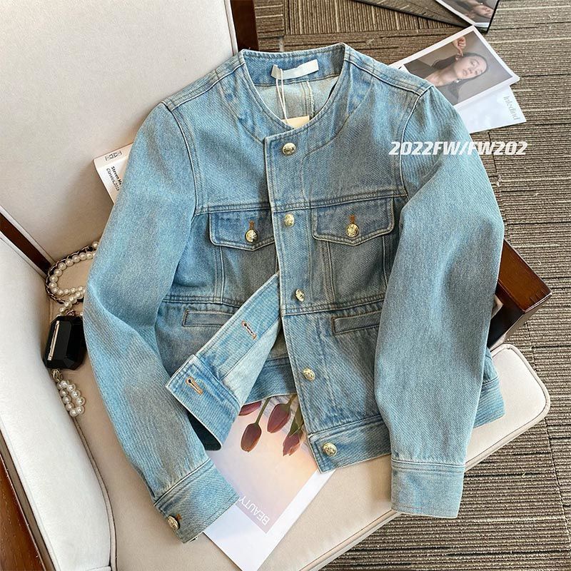 Korean Version Jacket Retro Gold Button Round Neck Denim Jacket Women ...