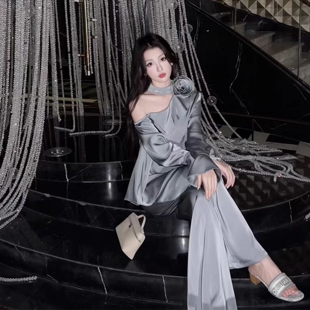 Acetate Ruffled off-Shoulder Halter Top Wide Leg Pants Two-Piece Set ...