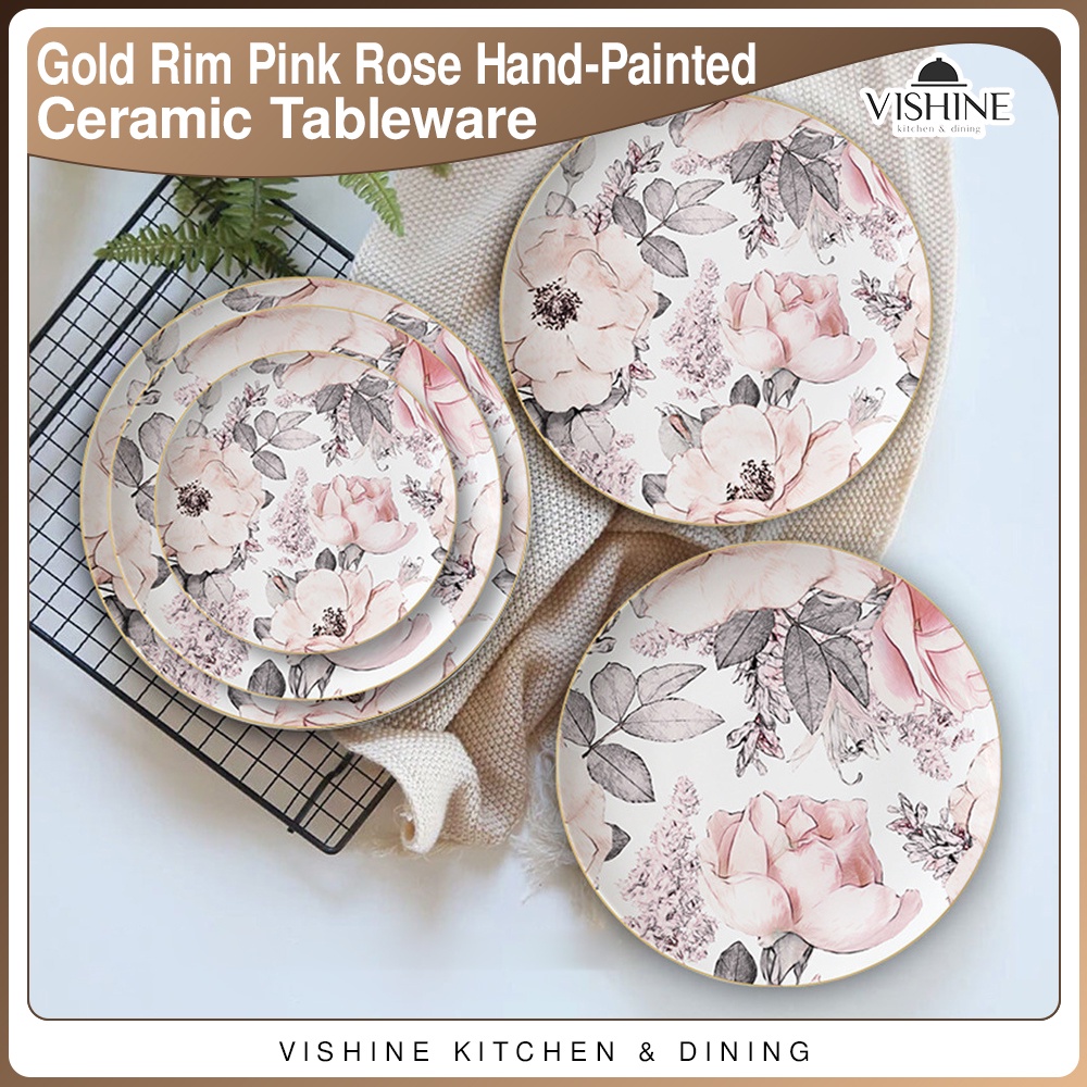 VISHINE Ceramic Tableware Gold Rim Pink Rose Bone China Hand Painted ...