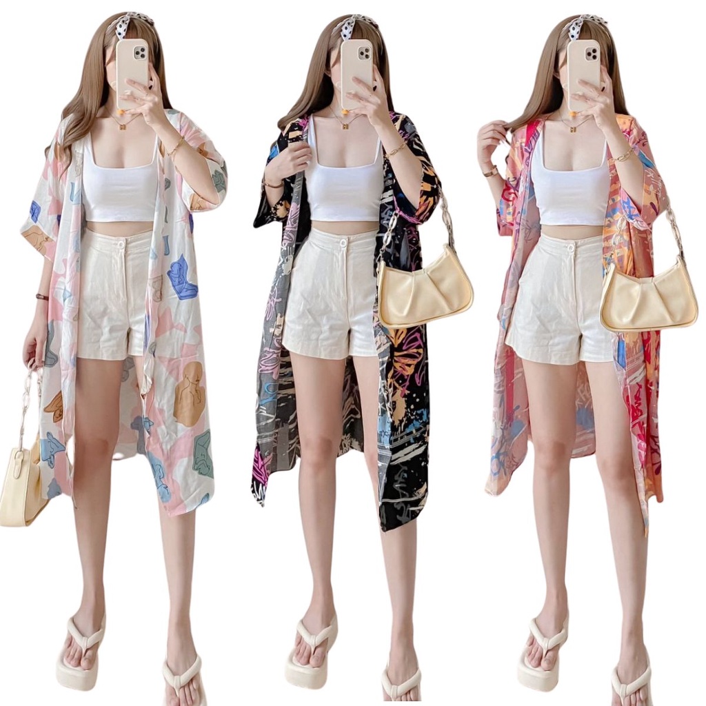 Leseka Daily Basic Outfit Maxine Long Kimono Cover Up Womens Chalis 3/4 ...